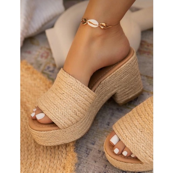 Shoes | Slip On Jute Block Heel Wedge Mules | Poshmark
